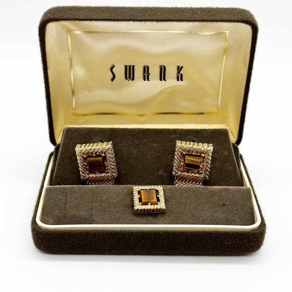 SWANK | Accessories | Vintage Swank Gold Tone Mesh Tigers Eye Square ...